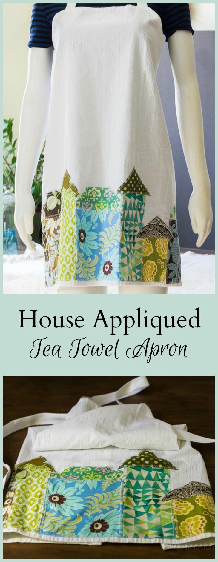 Tea Towel Apron Appliqued With Fun Whimsical Houses | Hearth and Vine