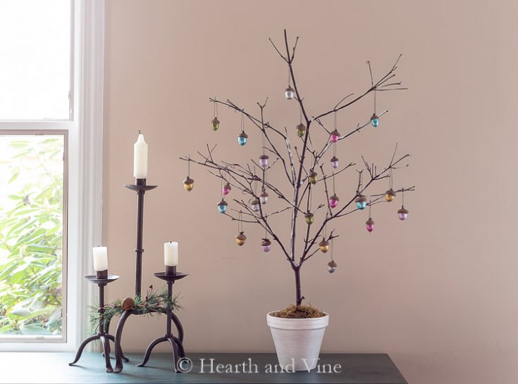 DIY Branch Christmas Tree with Metallic Acorn Ornaments