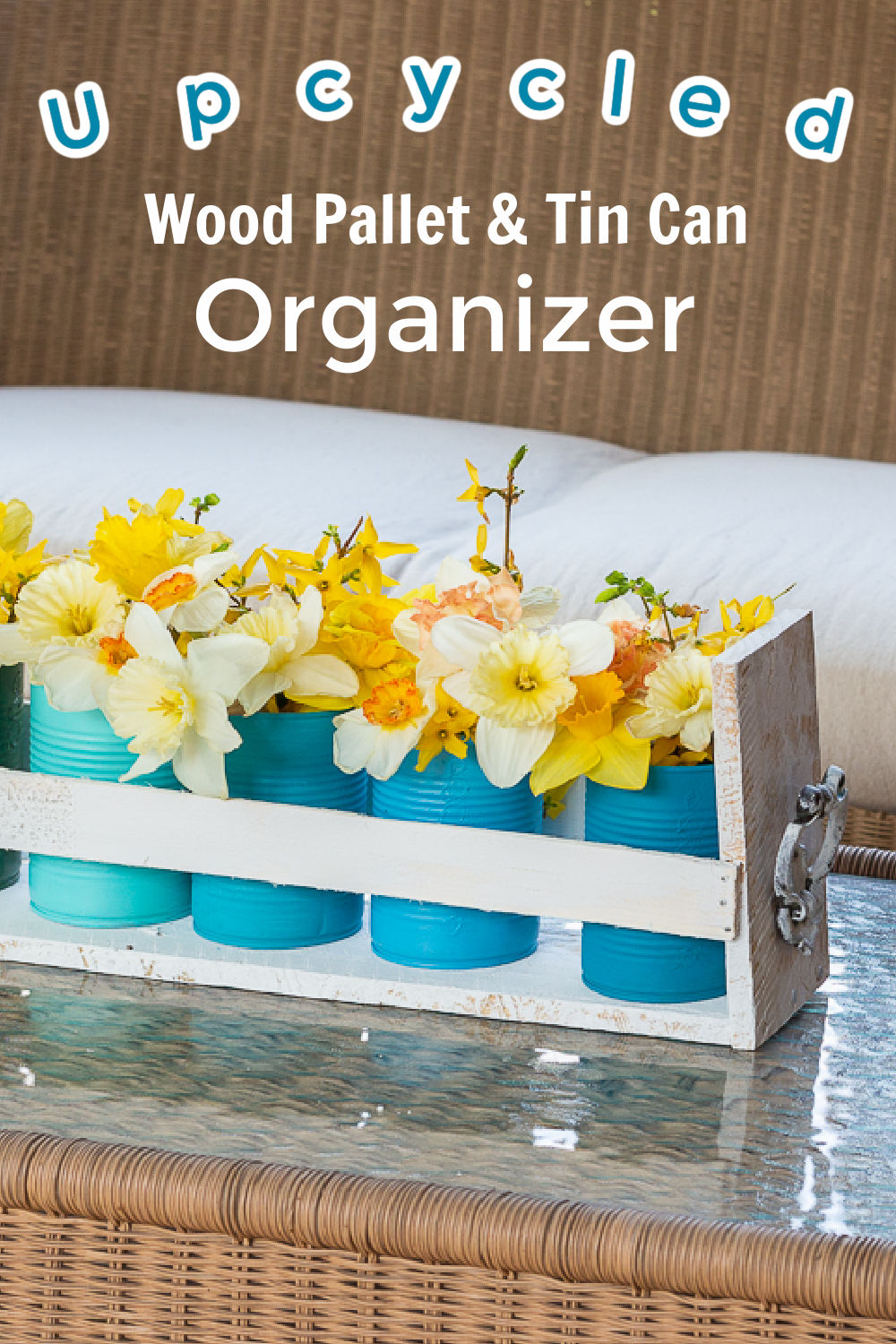 Tin Can Upcycled Organizer with Pallet Wood for Utensils and Flowers