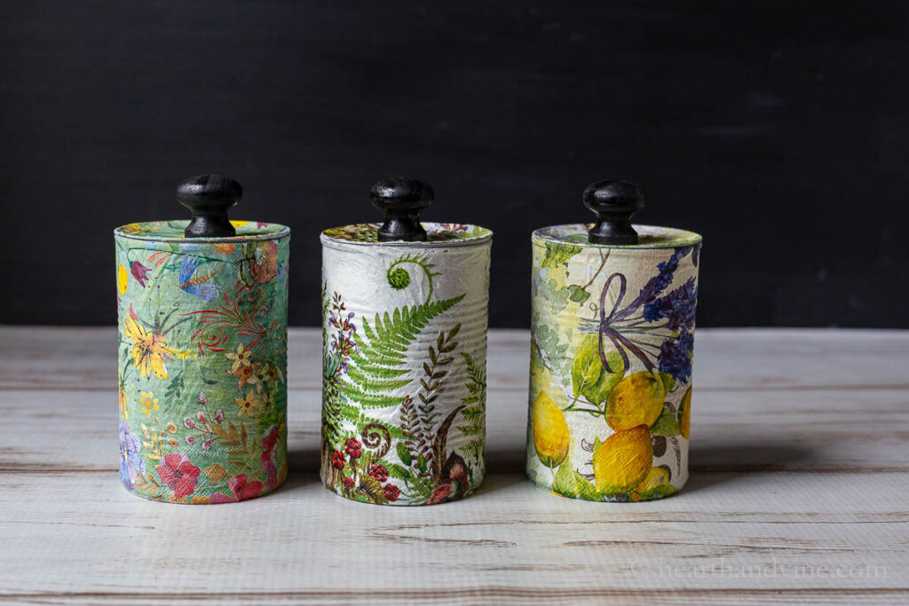 Decoupaged Tin Can Storage Tutorial