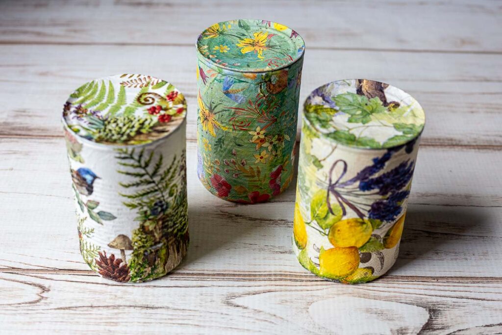 Decoupaged Tin Can Storage Tutorial