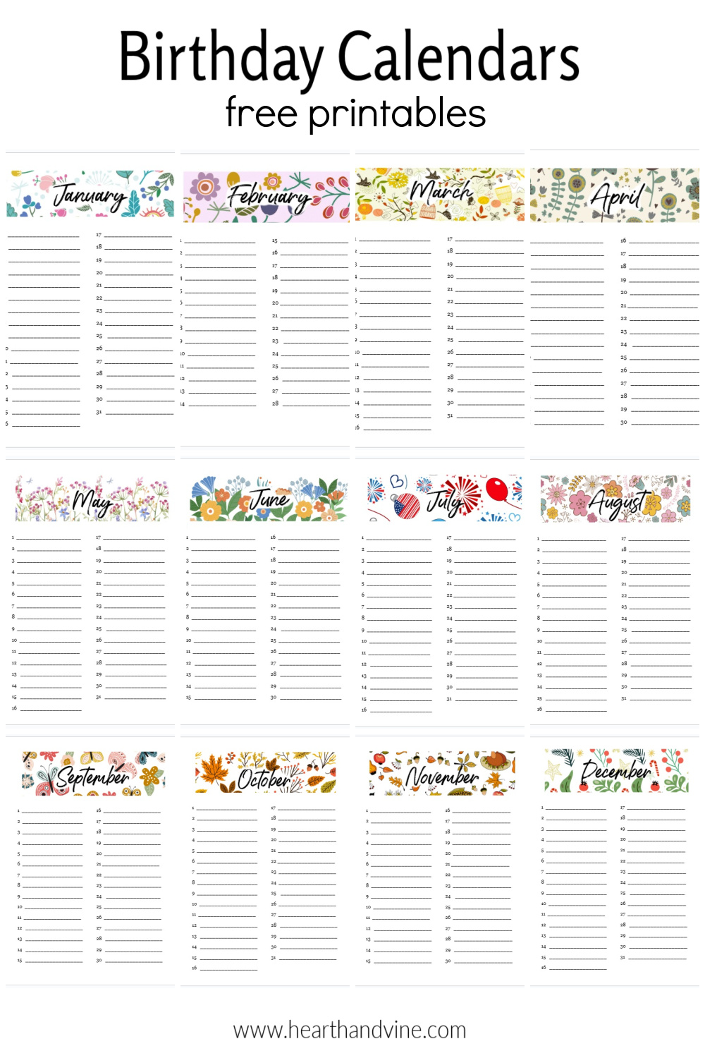 Printable Birthday Calendars